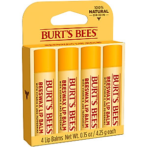Burt's Bees Lip Balm Easter Basket Stuffers, Moisturizing Lip Care Spring Gift, for All Day Hydration, 100% Natural, Original Beeswax with Vitamin E & Peppermint Oil (4 Pack)
