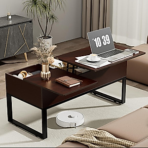 VEELOK Lift Top Coffee Table for Living Room with Hidden Storage Compartment on Rolling Wheels, 3-Way Slide Desktop Drawer Modern Coffee Tables, 43.3" Wood Coffee Table, 440lbs Max Weight, Espresso