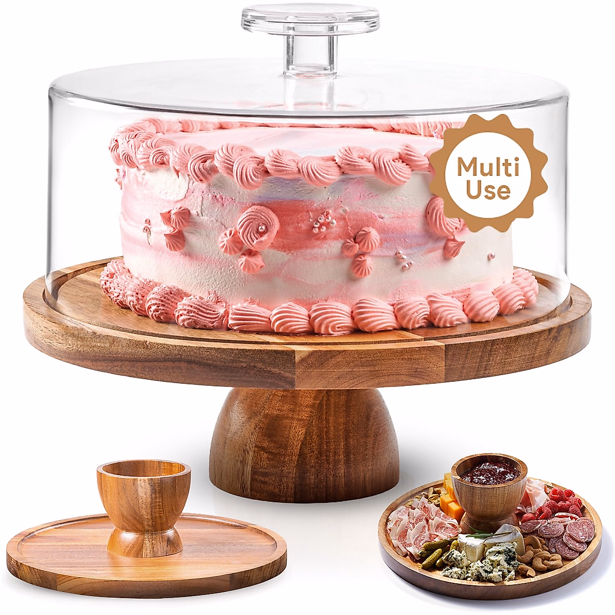 Acacia Wood Christmas Cake Stand with Lid - 12 In Round Cake Holder, Thanksgiving and Christmas Hosting Essential, Dessert Table Display Set & Charcuterie Board for Cheese, Chips, Acrylic Cake Dome Cover