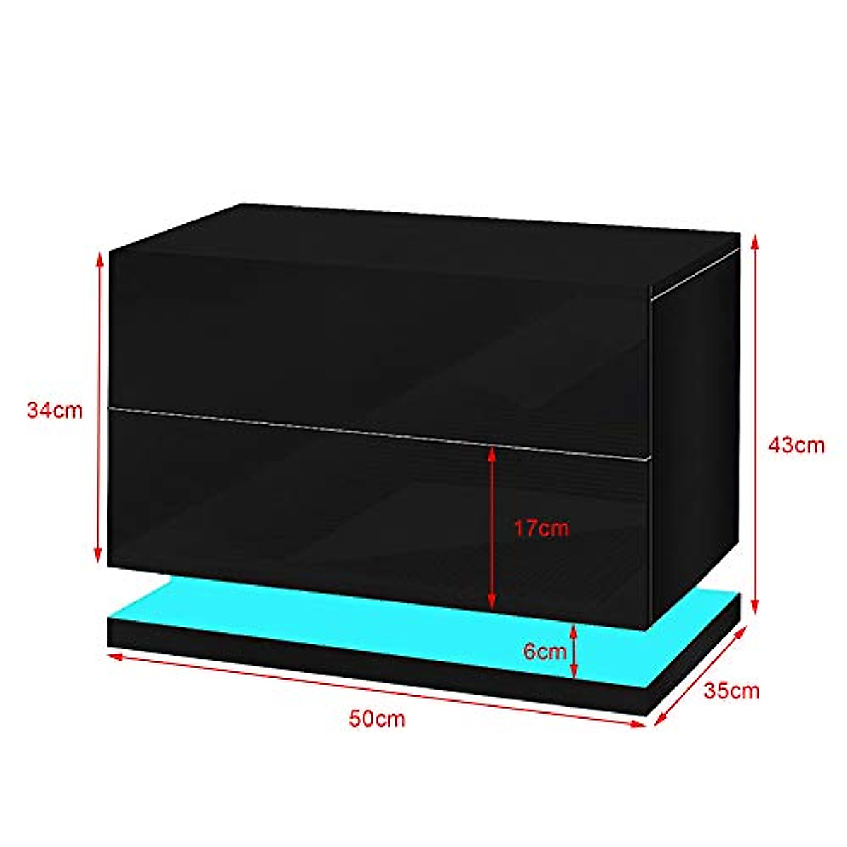 CNCEST Bedroom LED Nightstand, Modern High Gloss Nightstand Side End Table, Nightstand Storage Cabinet, Table Cabinet with 2 Drawers for Living Room Bedroom (Black-50x35x43cmcm)