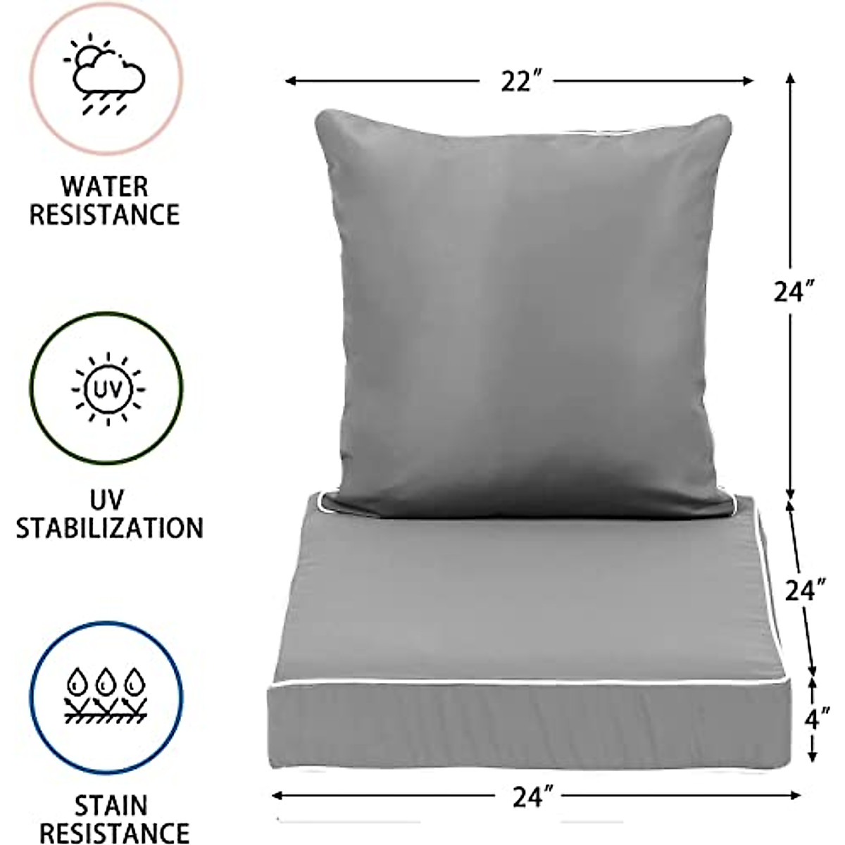 Maphissus Outdoor Deep Seat Cushions Set,24" X 24" Wicker Chair Cushions for Patio Sofa Furniture,Water Resistance Replacement Couch Seating Cushion with Back,Grey