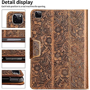 Gexmil Case for iPad Pro 11 Inch,4th/3rd/2nd/1st Generation(2022/2021/2020/2018) Genuine Leather Cover with Pencil Holder,Cowhide Folio Cover,Auto Sleep/Wake Magnetic Closure,Flower Brown
