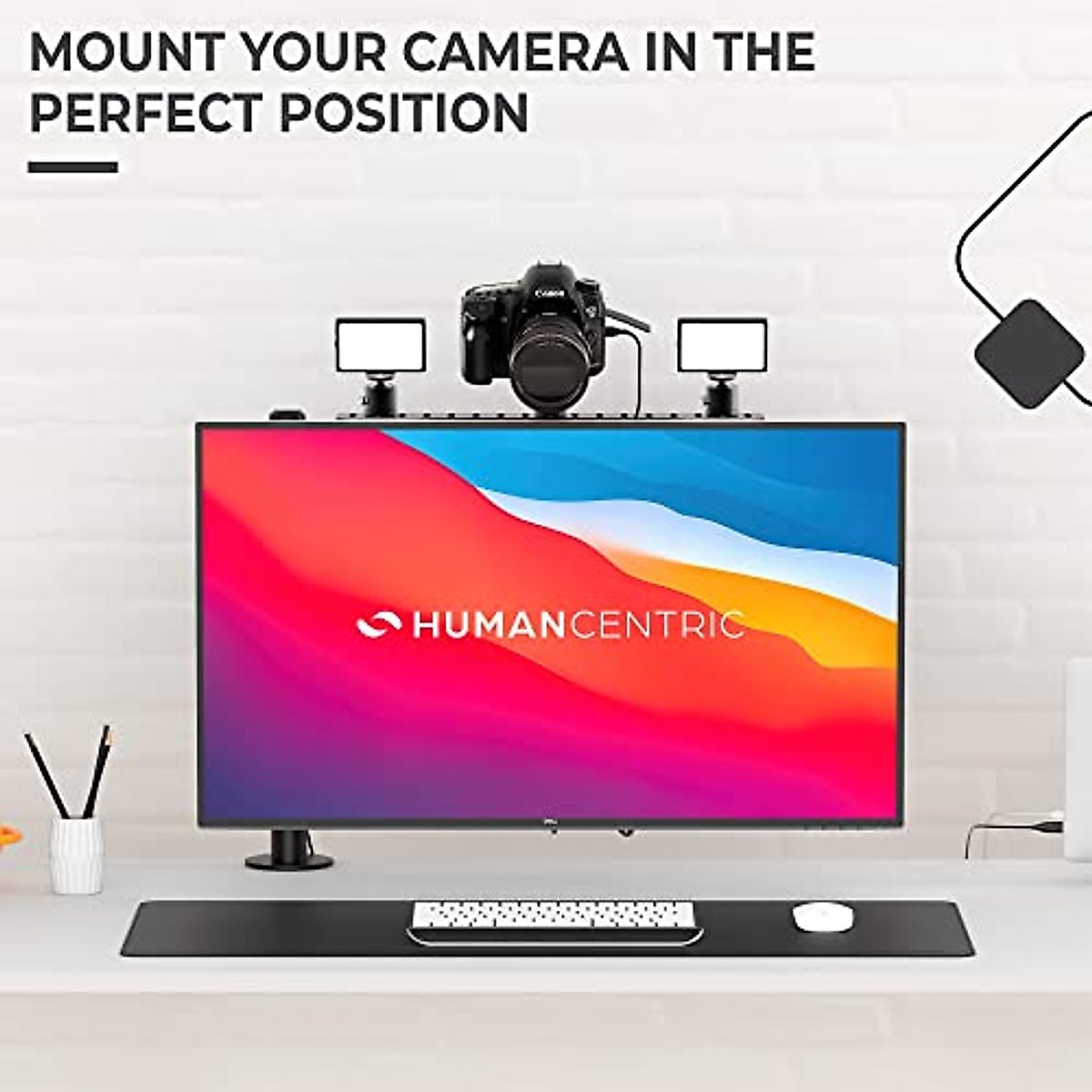 HumanCentric DSLR Monitor Mount – Monitor Shelf for Desk Camera Mount, Light Webcam and Microphone Camera Shelf for Monitor VESA Arm, Replace Clamp Tripods for Camera Desk Mount, Large
