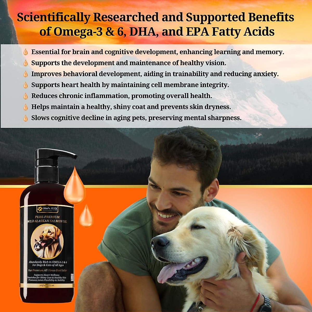 Paws PerX Premium-Pure Salmon Oil; Natural Caught Fish Oil for Dogs & Cats - Omega 3 Pet Supplement for Healthy Coat & Joints - Sustainably Sourced, Cold-Extracted, Human-Grade Quality 2x16 fl oz