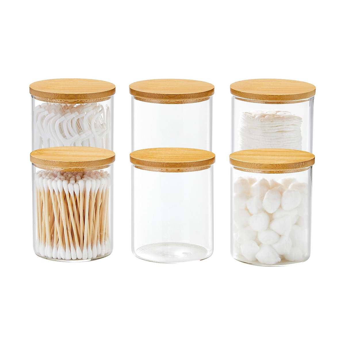 INIUNIK 6 Pack Glass Qtip Holder, Apothecary Jars with Lids Bamboo, Bathroom Organizers and Storage for Cotton Ball Round Swab Pad Floss Picks, Bathroom Decor for Vanity Accessories