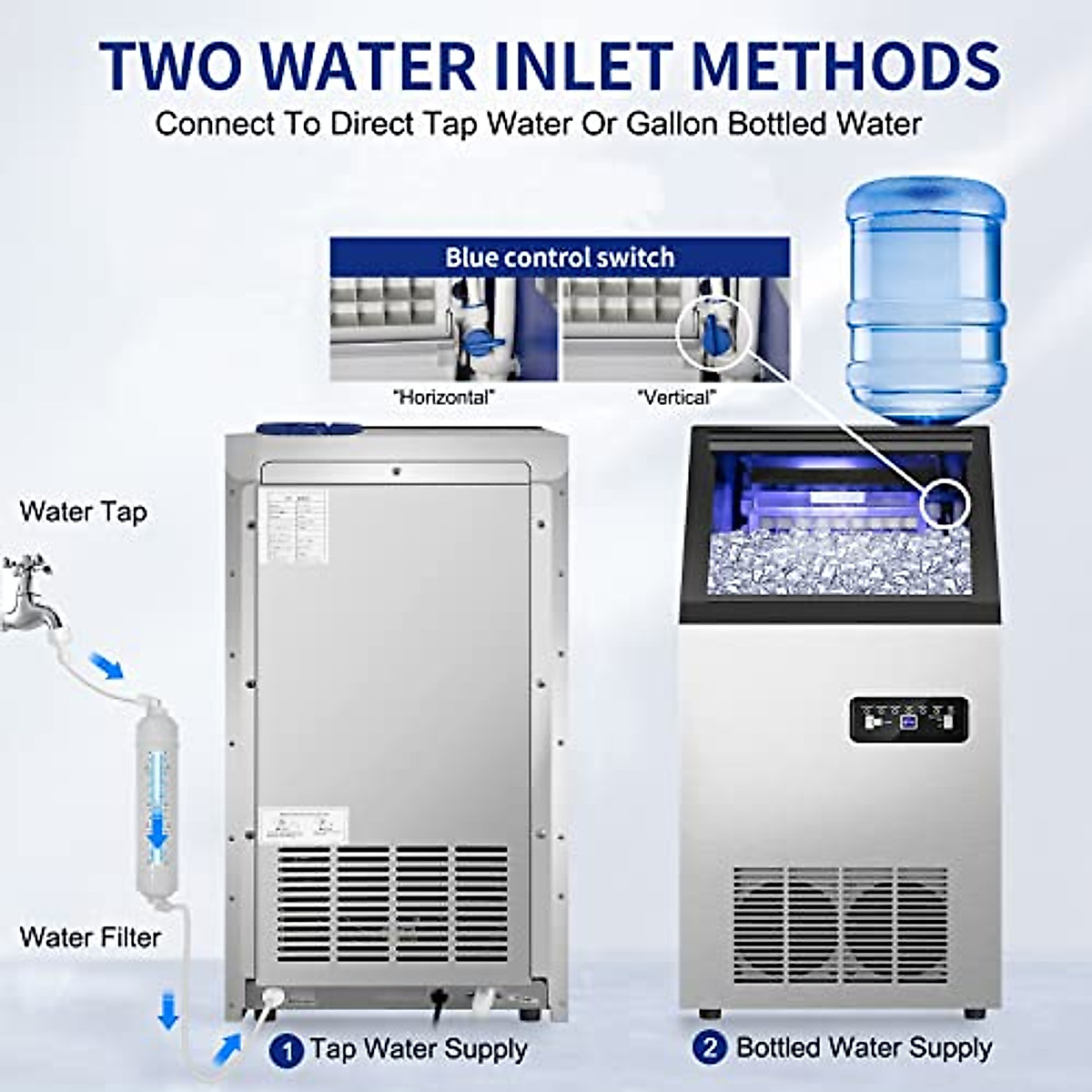Commercial Ice Maker Machine 120Lbs/24H with 35Lbs Ice Capacity, 45Pcs Clear Ice Cubes Ready in 11-20Mins, Stainless Steel Under Counter Freestanding Large Ice Machine, 2 Water Inlet Modes