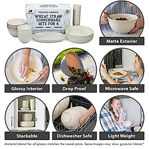 Eco Being Wheat Straw Dinnerware Set for 6 - Light and Unbreakable Plates, Cups, Bowls and Share Dishes. Stackable and Sturdy, Microwavable and Dishwasher Safe Dishes in Beige.
