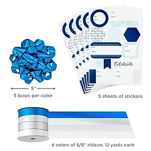 Hallmark Blue and Silver Wrapping Paper Set (3 Rolls: 90 Sq. Ft. Ttl, 10 Bows, Ribbon, Gift Tag Stickers) for Birthdays, Hanukkah, Father's Day, Graduations, Weddings