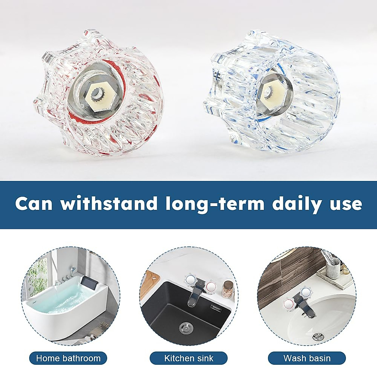 Parthan 2 pcs Faucet Handles with Screws, Transparent Acrylic Hot and Cold Faucet Replacement Handles Bathroom Sink Bathtub Faucet Knobs fits D-shaped Hot Cold Faucet Stems(COLOR:1 Red + 1 Blue)