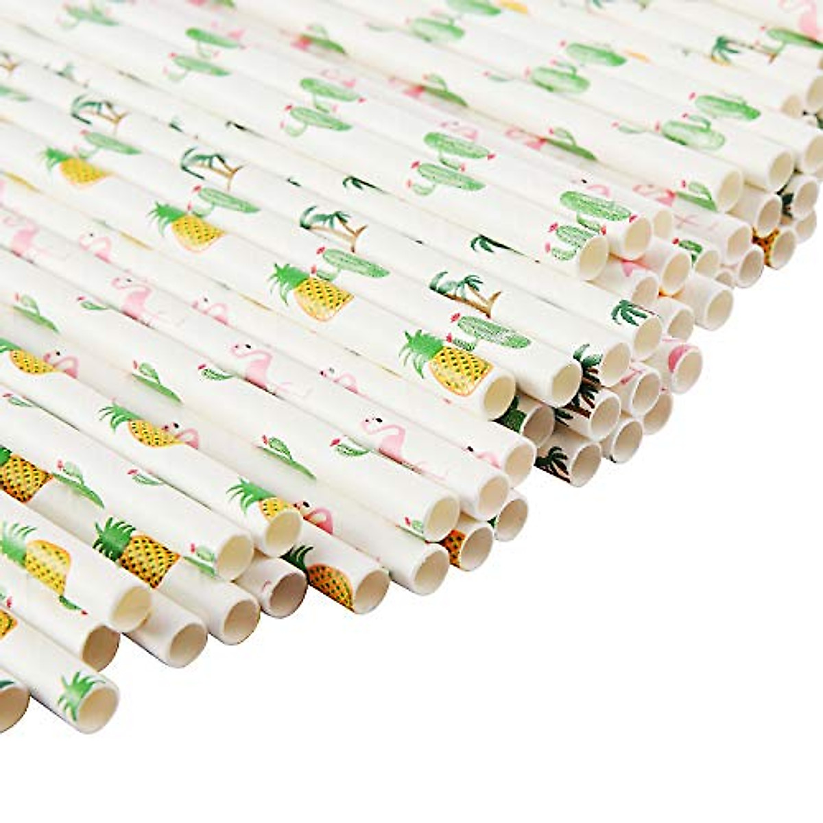 ALINK Hawaiian Tropical Party Paper Straws, Flamingo/Pineapple/Cactus/Coconut Tree Biodegradable Straws for Beach Cocktail Luau Decorations, Pack of 100