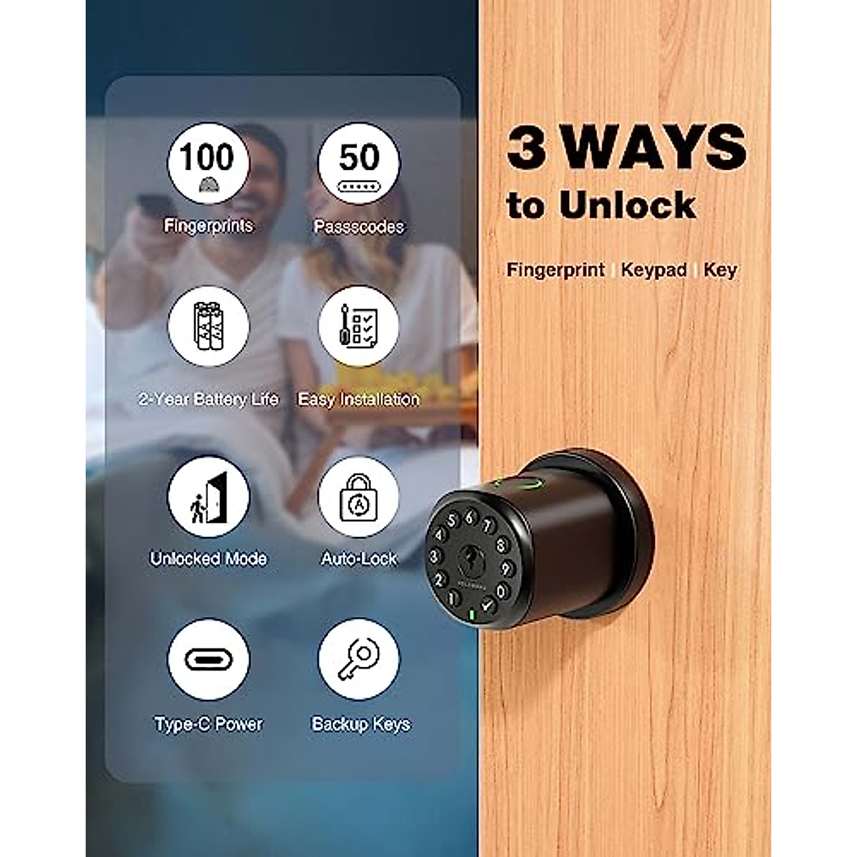 HOLOMARQ Fingerprint Door Knob Lock with Keypad Biometric Door Knob,Combination Door Knob, Smart Door Knob, 4 AA Batteries, for Bedroom Office Interior Door Sequra H2 Matte Black