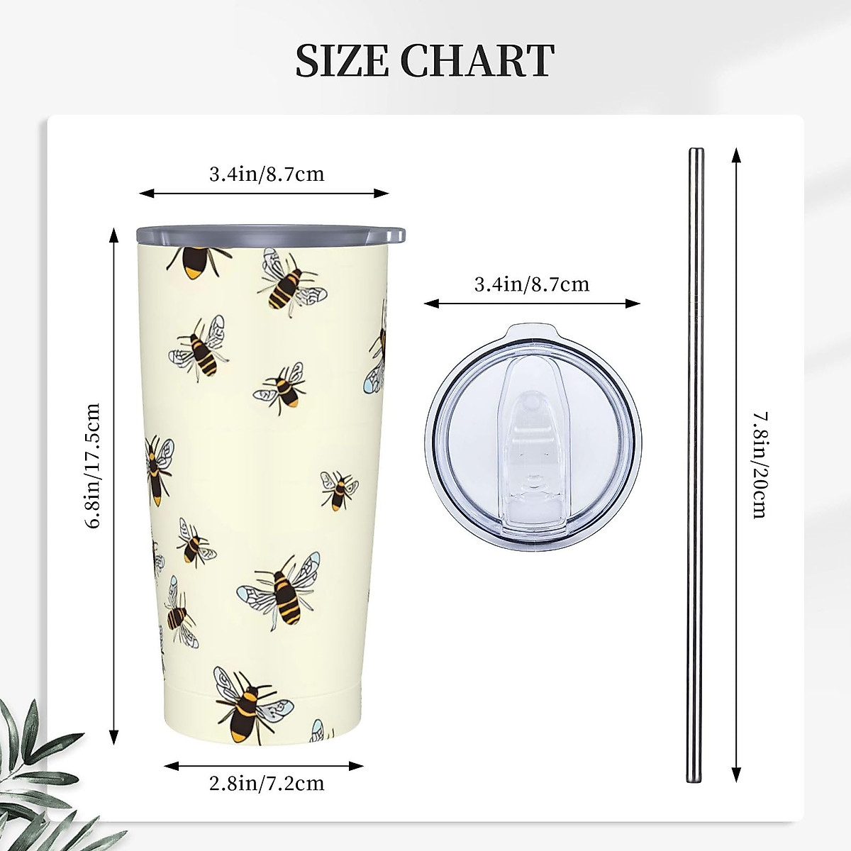 Bees Pattern 20oz Tumbler Stainless Steel Vacuum Insulated Double Wall Travel Tumbler, Durable Insulated Coffee Mug, Thermal Cup With Lid and Straw for Hot & Cold Drinks