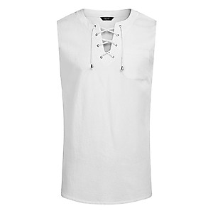 COOFANDY Mens Cotton Linen Tank Top Shirt Casual Lace Up Beach Hippie Yoga Tops Bohemian Medieval Renaissance Pirate Tunic, White, Medium, Sleeveless