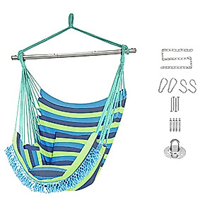 Gold Armour Hammock Chair Hanging Rope Swing Max 500lbs, 2 Seat Cushions Included, Hanging Chair with Pocket-Quality Cotton Weave for Superior Comfort & Durability (Blue Green Stripe)