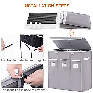TECHMILLY 3 Section Large Laundry Basket, 140L Laundry Hamper with Lid，Waterproof Durable Clothes Hamper with 4 Removable Bags and 3 labels for Bathroom, Bedroom, Dorm, (Grey)