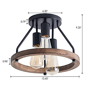 VILUXY Industrial Flush Mount Ceiling Light Fixture with Retro Wood Circle Shade for Hallway, Entryway, Bedroom, Balcony Passway 3-Light