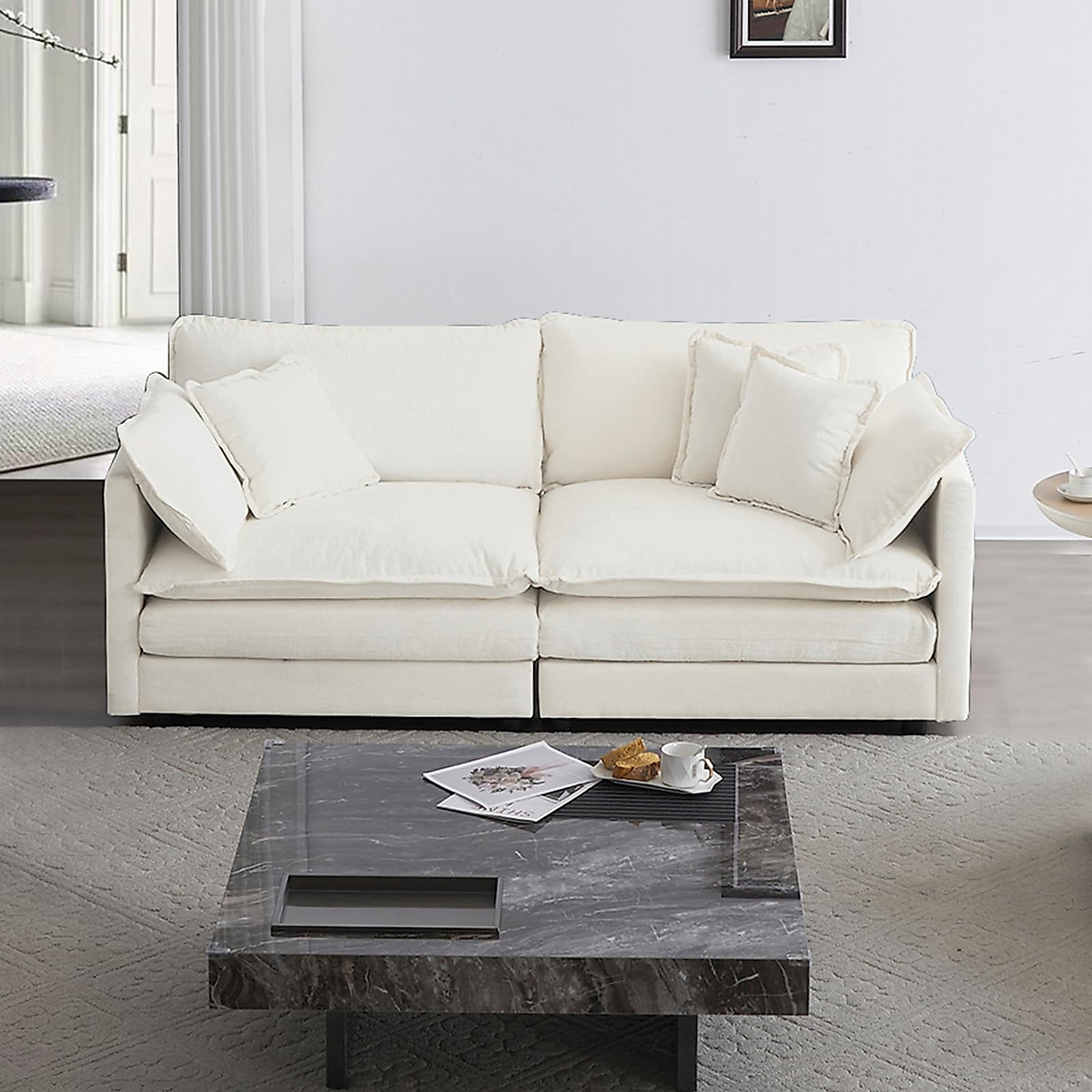 KIVENJAJA Chenille Loveseat Sofa, Oversized 2-Seater Small Cloud Couch, Modern Comfy Deep Seat Love Seat with 4 Pillows for Living Room Bedroom Office Apartment, 76.7”W, Beige