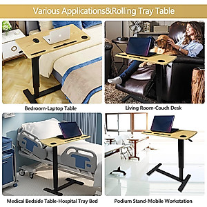 BeGyoku Overbed Table,Hospital Bed Table,Pneumatic Bed Tables Adjustable Over The Bed with Hidden Wheels&USB,Mobile Laptop Table Cart&Rolling Bedside Table with Tray Hospital Home Use-Oak