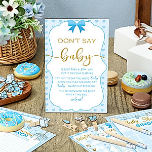 Patelai 321 Pcs Baby Shower Games Supplies, 5 Sets (50 Cards Each) Activities Cards with 20 Pencils 1 Don't Say Baby Sign 50 Clothespin(Boy)