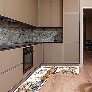 delaimastor Fall Gnome Pumpkin Decorative Kitchen Mats Set of 2, Fall Halloween Thanksgiving Rustic Yard Low-Profile Floor Mat for Kitchen, Gnome Plaid Maple Leaves Seasonal Decorative Floor Mat