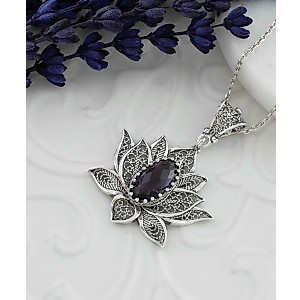 Filigranist 925 Sterling Silver Filigree Art Lotus Flower Women Pendant Necklace (Amethyst)