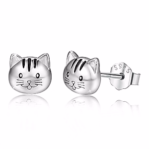 925 Sterling Silver Cat Earrings, Hypoallergenic Kitten Studs Kitty Earrings for Sensitive Ears, Mother Day Present for Women Cat Lovers with Packing Box
