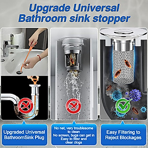 (2PCS) Bathroom Sink Drain Strainer, Pop-up Sink Drain Strainer with Removable Stainless Steel Strainer Basket Hair Catcher, Bathroom Sink Strainer for Bathroom Sink Stopper Replacement