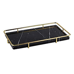 PuTwo Decorative Tray Black Marble Tray with Polished Gold Metal Handles Jewelry Tray Handmade Catchall Vanity Tray for Dresser Bathroom Vanity Table Bar Ideal Gift for Birthday Christmas - Black