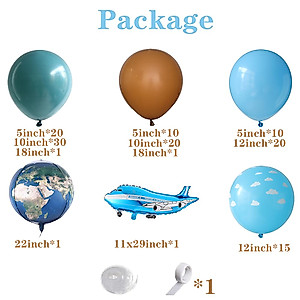 PageebO Travel Themed Party Balloon Arch Kit 131pcs Dusty Blue Coffee Balloon with Globe Plane Aluminium Balloon for Time Flies 1st Birthday Party Birthday Party Retirement Farewell Party decorations