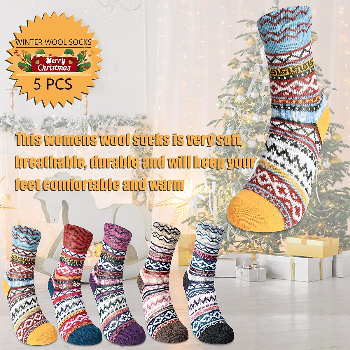 besky 5 Pairs Winter Wool Socks Women, Knit Thick Wool Soft Warm and Breathable Cozy Socks for Womens