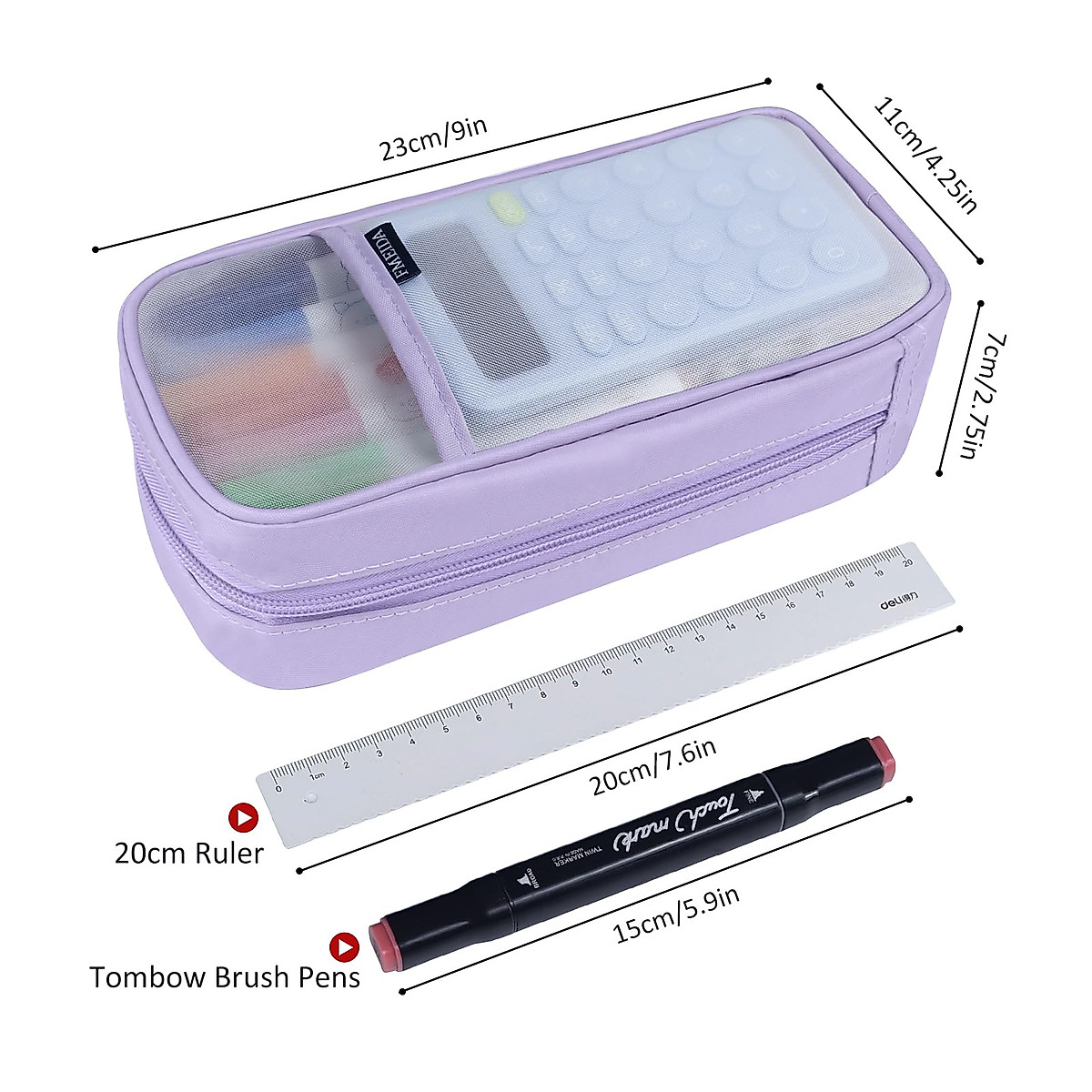 Fmeida Grid Mesh Pencil Case - Upgraded 4 Compartment Pencil Pouch, Clear Adult Pencil Bag Aesthetic Marker Pouch Stationary Bag Office Organizer for College Business Travel - Purple