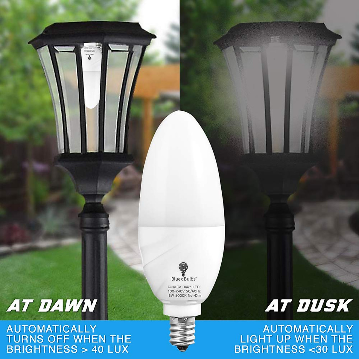 6 Pack BlueX Dusk to Dawn LED Bulbs, 6W E12 Base Light Bulb - 65W Equivalent – 5000K Daylight White - Smart Light Sensor Candelabra Bulb, Home Security Driveway, Yard, Porch Lighting