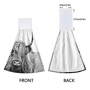 Qilmy Hand Towels Set of 2, Absorbent Hanging Towels with Loop & Hook, Dishcloths Wash Cloth for Kitchen Bathroom, Highland Cow