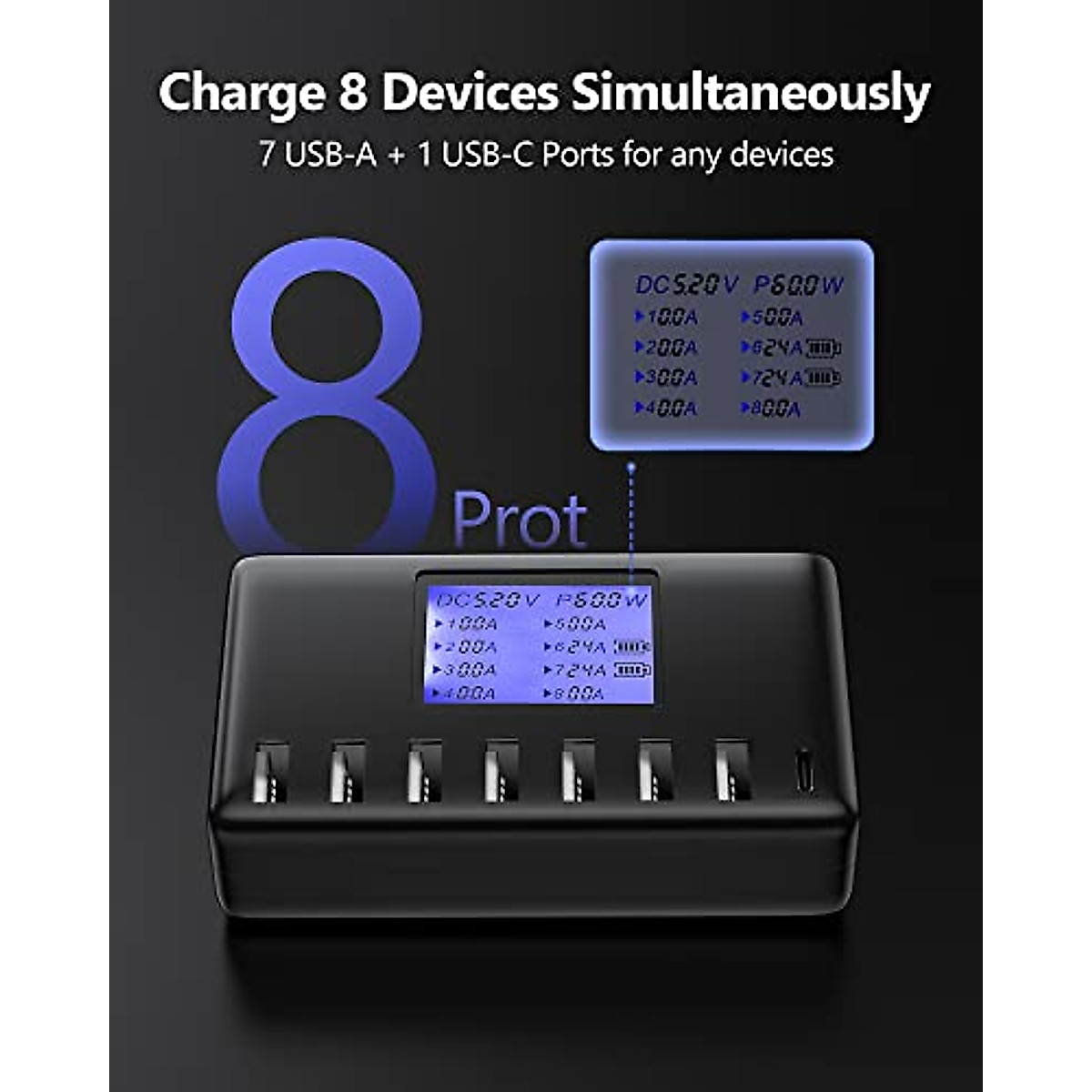 USB Charging Station, Ziwodiv 8-Ports USB Charger Station, 60W/12A Multi Port USB C Hub Charger with LCD Display for Multiple Devices, Compact Desktop Charging for iPhone iPad Samsung Android Tablet