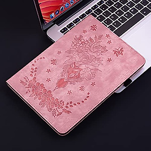 Ammeer Case for Samsung Galaxy Tab A8 10.5", Retro Rose Flower Pattern Flip Smart Cover Wallet PU Leather Bag Stand Card Slots Holder Elastic Band - Pink