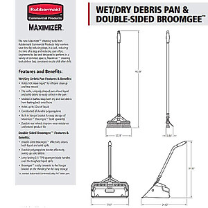 Rubbermaid Commercial Products Maximizer Wet/Dry Debris Dustpan with Hanger Bracket, Black, Outdoor/Indoor For Wet and Dry Floor Cleaning, Compatible with And Broom/Squeegee