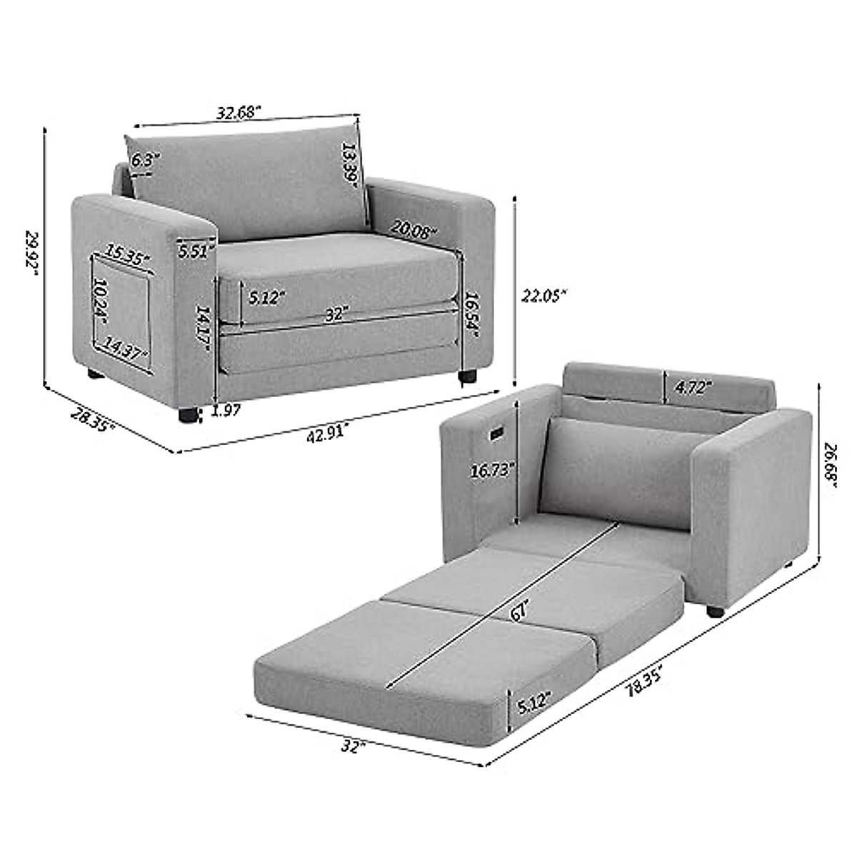 Convertible Sleeper Sofa Chair Bed, Comfy Floor Folding Sofa Bed, Armchair Pull Out Sleeper Couch Bed with Pocket and 2 USB Ports for Living Room, Bedroom, Small Places (Light Gray)