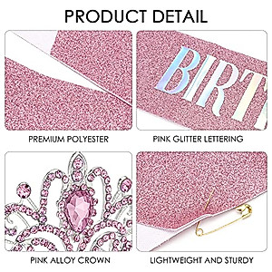 Makone Birthday Tiara for Women, Birthday Queen Crowns with Birthday Girl Sash, Crown for Girls Pink, Rhinestone Tiaras with Combs, Crystal Headband Hair Accessories Glitter Sash for Party