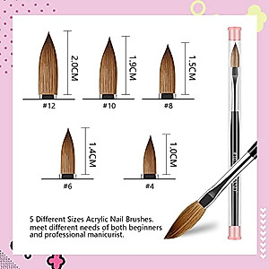 Saviland 5pcs Acrylic Nail Brush for Acrylic Powder Size 4/6/8/10/12 Professional Nail Art Brushes Set Wood Handle Nail Brushes for Acrylic Application Nail Extension Carving