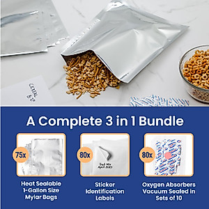 75x Wallaby 1-Gallon Mylar Bag Bundle - (5 Mil - 10" x 14") Mylar Bags, 80x 400cc Oxygen Absorbers, 80x Labels - Heat Sealable, Food Safe, & Reliable Long Term-Food Storage Solutions - Silver