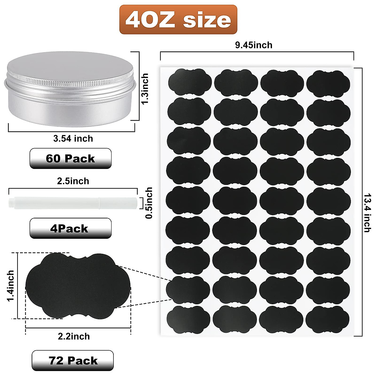 OBKJJ 60 Pack Round Cans with Screw Lid 4 Oz Aluminum Metal Tins DIY Food Candle Containers for Lotion Bars, Balms, Salve, Spices, Beard Balm, Crafts with 4 Markers 2 Sheets Label Stickers