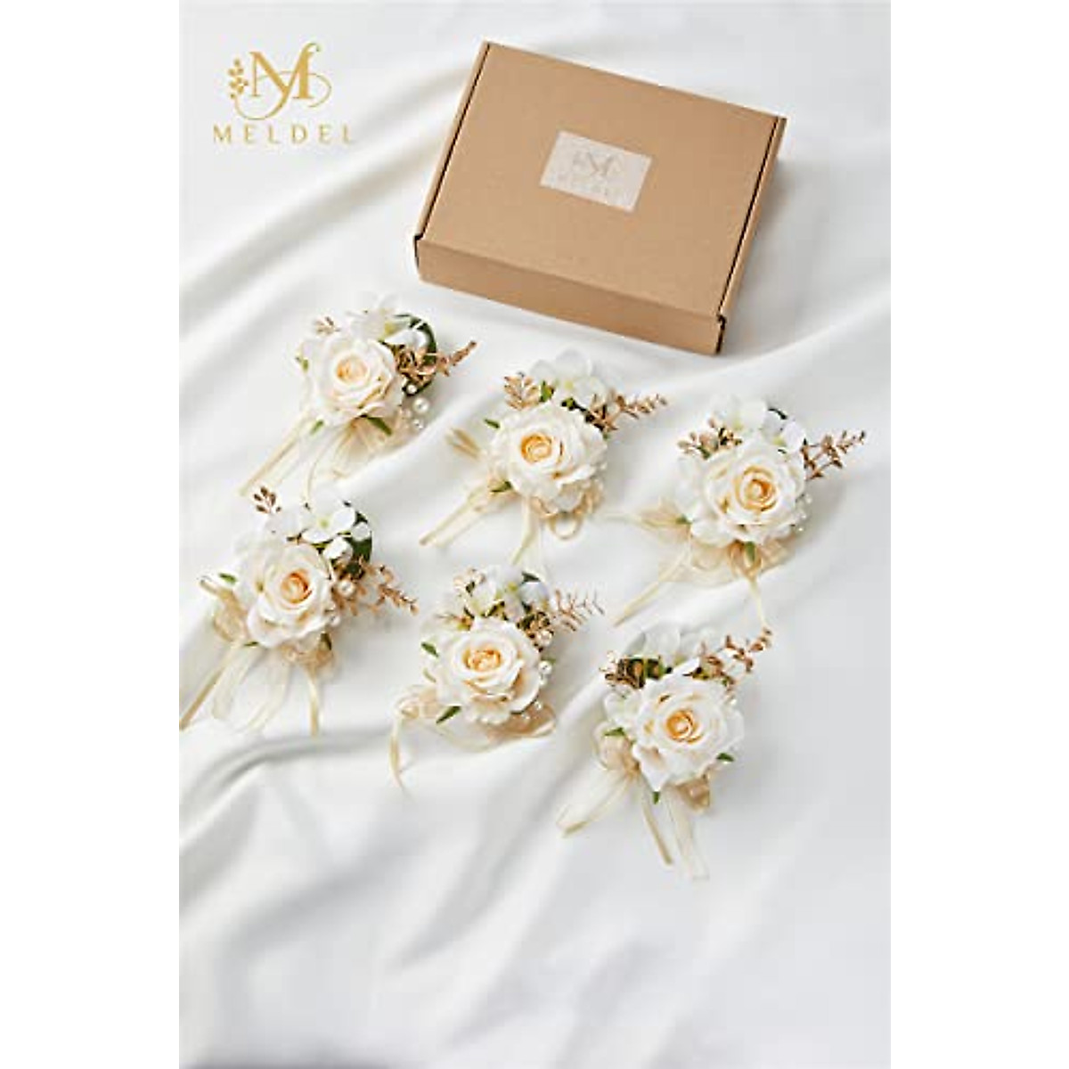 Meldel Champagne Prom Flower Wrist Corsage for Wedding, Set of 6, Rose Wrist Flower for Mother of Bride and Groom , Bride Bridesmaid Girl Women Party, Homecoming Ceremony Anniversary