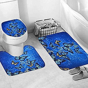 Claswcalor 4 Pcs Flower Butterfly Shower Curtain Set with Non-Slip Rug, Toilet Lid Cover and Bath Mat, Blue Floral Shower Curtain with 12 Hooks, Waterproof Fabric Shower Curtains for Bathroom Decor