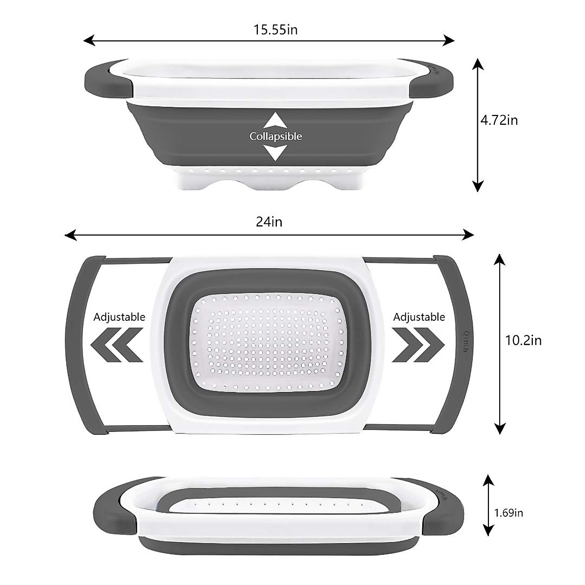 QiMH Collapsible Colander Set of 3-1pc 6 Quart Over the Sink Silicone Strainer - 1pc 4 Quart and 1pc 2 Quart Folding Strainers - Dishwasher Safe(grey&white)