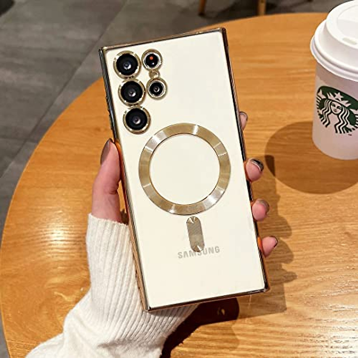 LZGHOYF Galaxy S23 Ultra Case, Clear Case for Samsung Galaxy S23 Ultra Built-in Camera Lens Protector Magnetic Case Compatible with MagSafe Elegant Protection Case Cover - Gold