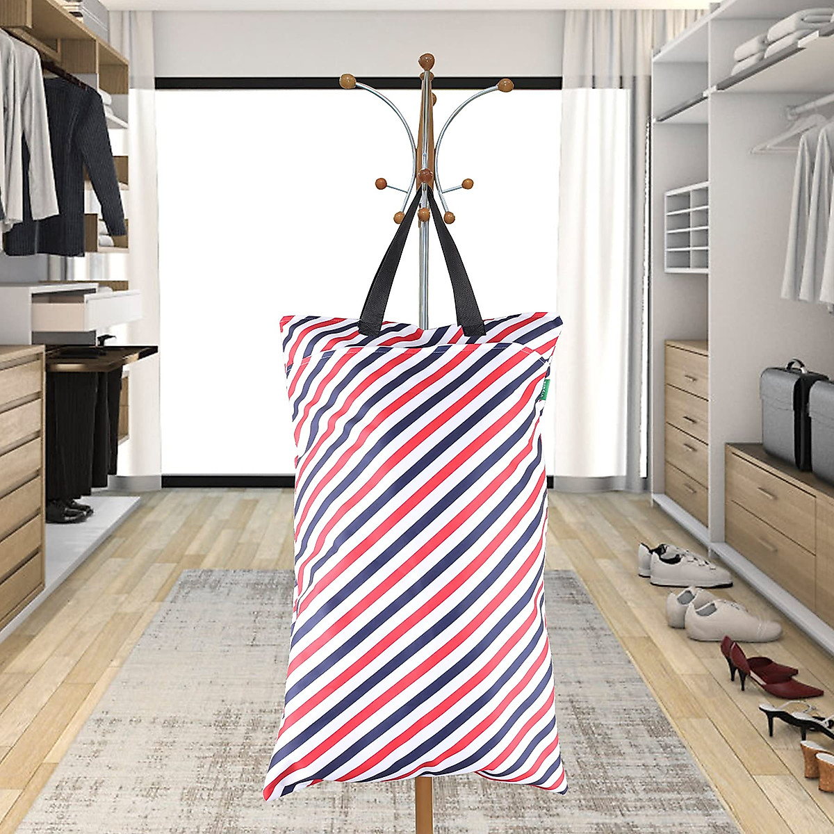 Viyuse Large Hanging Wet Dry Cloth Diaper Bag with Double Zippered Pockets,2 Pack(27 X 16 inch) Waterproof Wet Pail Bag for Beach Pool Gym Wet Dirty Clothes,big Wet bag Stars,Stripes