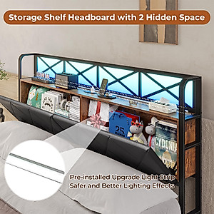 DICTAC California King Bed Frame with Hidden Storage and 2 Drawers Metal Cal King Size Platform Bed with Led Lights and Charging Station Led Bed with Upholstered Headboard,No Box Spring Needed,Black