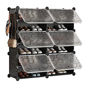 BASTUO 6 Cubes Shoe Rack with Door, 24 Pair Plastic Shoe Rack with Door, for Livingroom, Bedroom and Office (Black)
