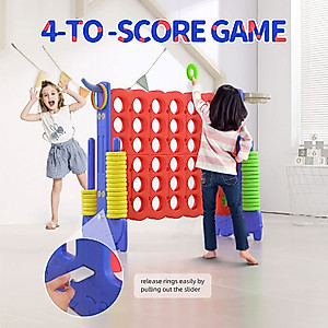 UNICOO - Giant 4 in a Row Game with Carrying Bag, Giant 4-to-Score Game Set with Basketball and Hoop, Ring Toss, Indoor & Outdoor Family Party Game for Kids & Adults (Red + Blue) For over 3 years old