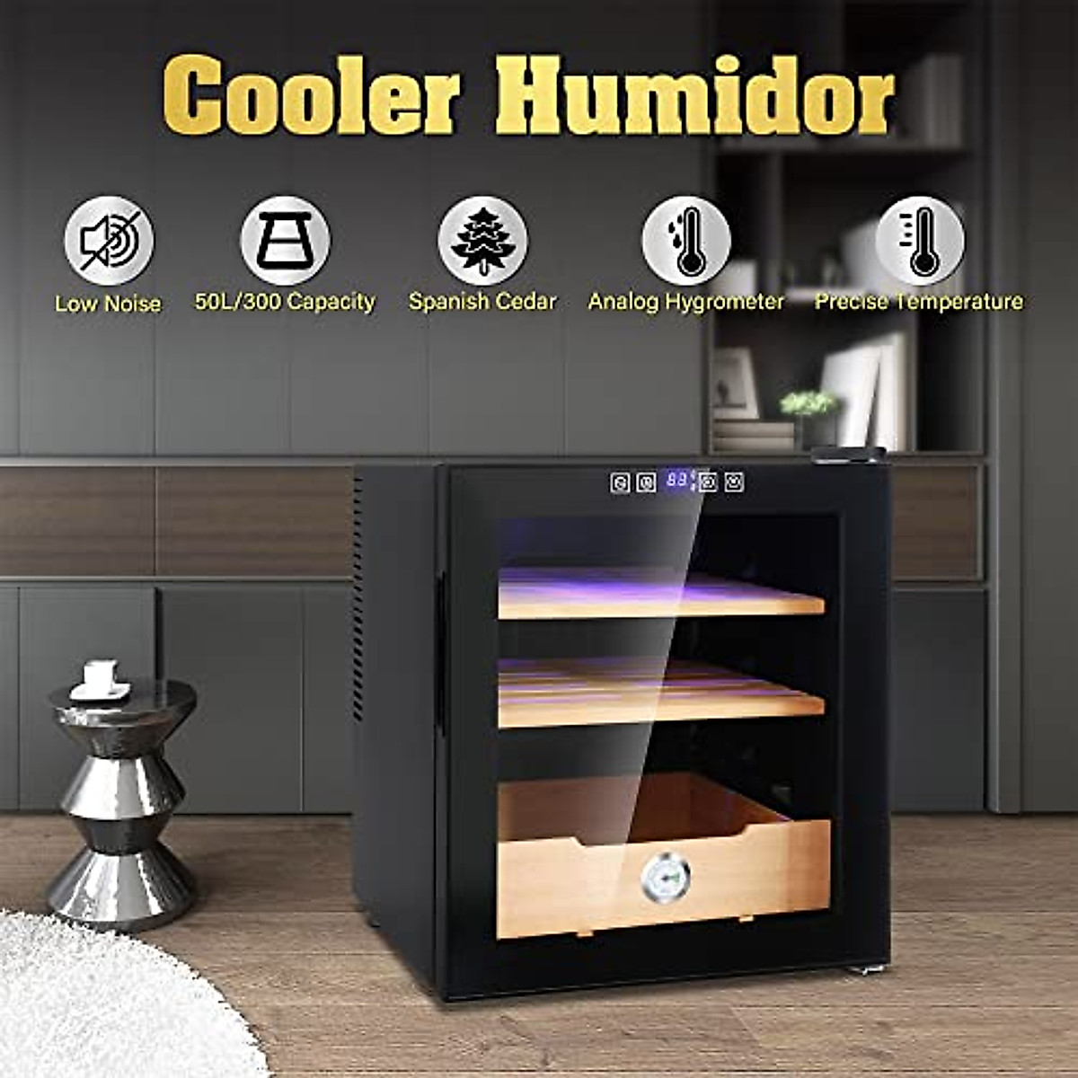 TCFUNDY 50L Cooler Humidor, Electronic Cooler Humidor 3-Layer Spanish Cedar Wood Shelves & Drawer with Hygrometer, 300 Capacity, 1.76 Cu Ft